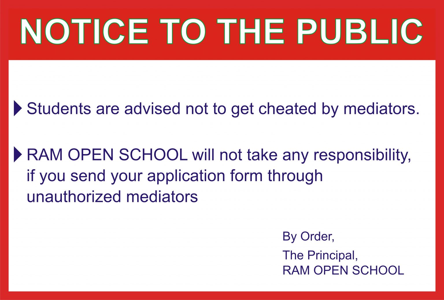 PUBLIC NOTICE – RAM OPEN SCHOOL